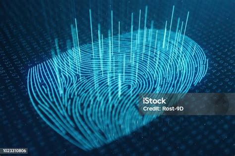 3d 그림 지문 스캔 생체 인식 Id와 보안 액세스를 제공합니다 개념 지문 보호입니다 손가락 이진 코드 인쇄입니다 디지털 보안의 개념 3d 스캔에 대한 스톡 사진 및 기타
