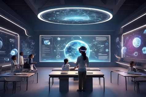 Premium Photo A Futuristic Classroom Holographic Display Virtual Reality Integrated Into The