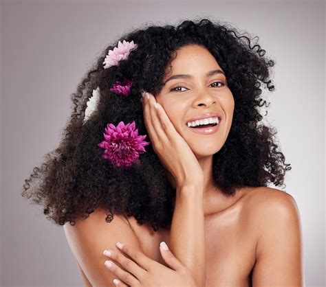 Premium Photo Skincare Face Of Black Woman Or Flowers In Hair Studio