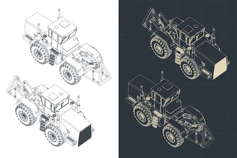트랙터의 이소메트릭 블루프린트 프리미엄 벡터