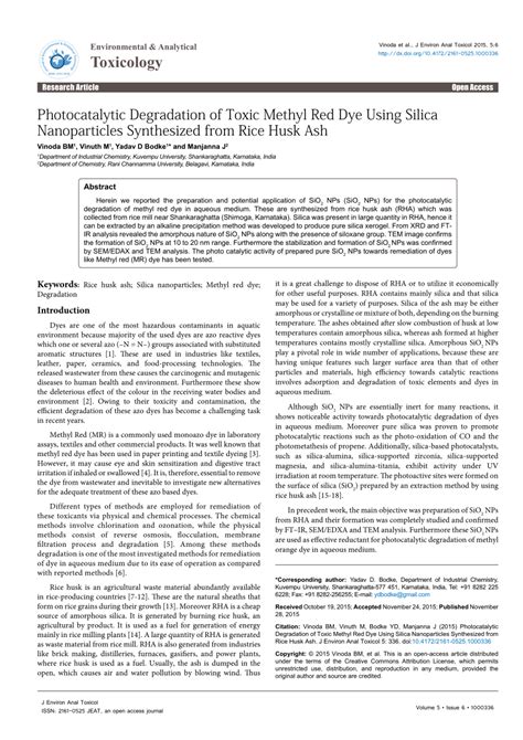 Pdf Photocatalytic Degradation Of Toxic Methyl Red Dye Using Silica Nanoparticles Synthesized