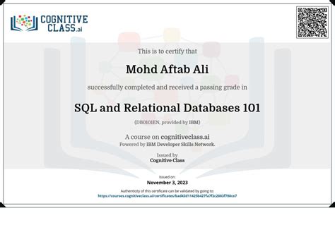Aftab Ali On Linkedin Ibm Db0101en Certificate Cognitive Class