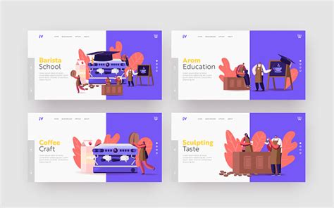 바리스타 스쿨 커피 양조 랜딩 페이지 템플릿 세트에서 캐릭터 공부 거대한 커피에서 앞치마에 작은 바리스타 가루로 빻은에 대한 스톡 벡터 아트 및 기타 이미지 Istock