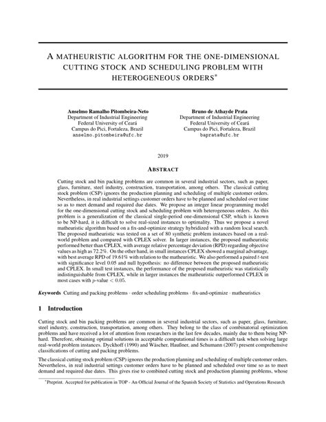 Pdf A Matheuristic Algorithm For The One Dimensional Cutting Stock And Scheduling Problem With