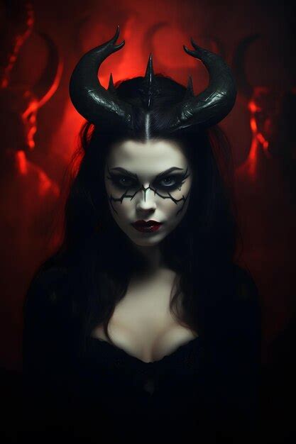 Premium Photo Beautiful Woman With Devils Horns Demonic Eyes Wearing