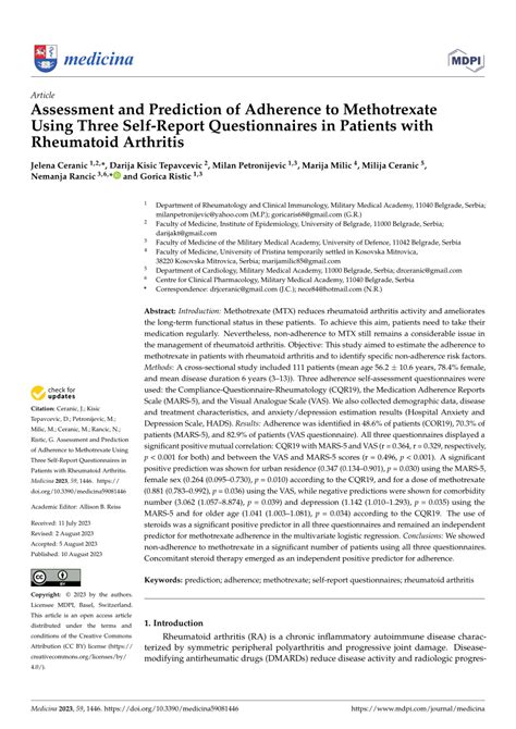 Pdf Assessment And Prediction Of Adherence To Methotrexate Using Three Self Report