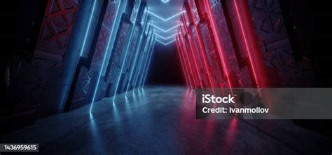 우주선 삼각형 네온 퍼플 블루 사이버 외계인 터널 복도 콘크리트 러프 광택 블루 포인터 조명 차고 격납고 공상 과학 미래 3d