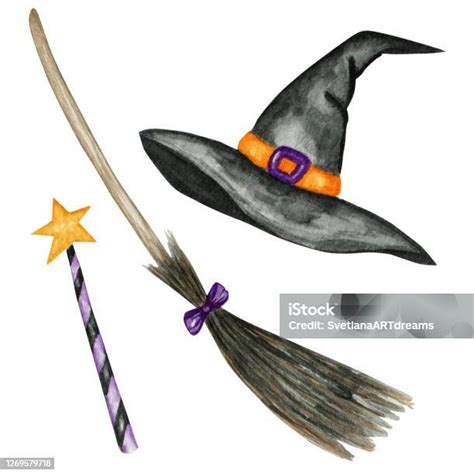 할로윈 마녀 모자 빗자루 매직 지팡이 세트 오렌지 벨트가 달린 수채화 블랙 마법사 의상 캡 흰색 배경에 할로윈 파티 고립 된
