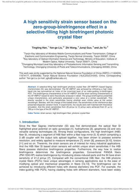Pdf A High Sensitivity Strain Sensor Based On The Zero Group Birefringence Effect In A