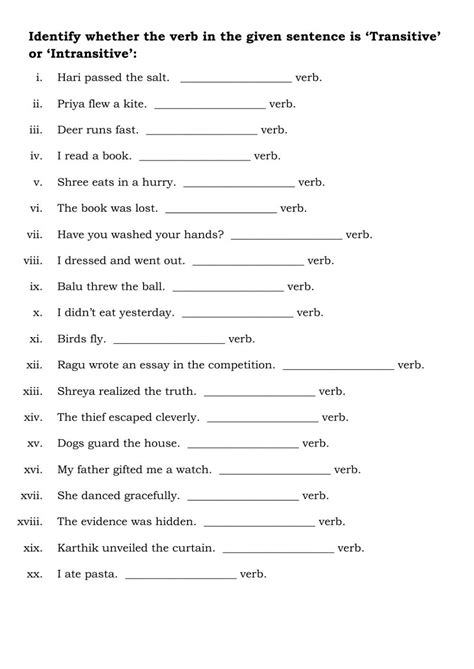 Worksheet Transitive And Intransitive Verbs Printable And Enjoyable Learning