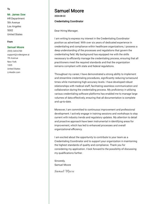 Credentialing Coordinator Cover Letter Example For 2024 Tips And Templates Cvdesigner Ai