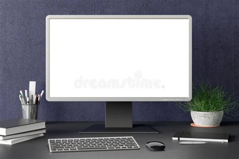 Workspace With Blank Computer Monitor White Screen Stock Illustration