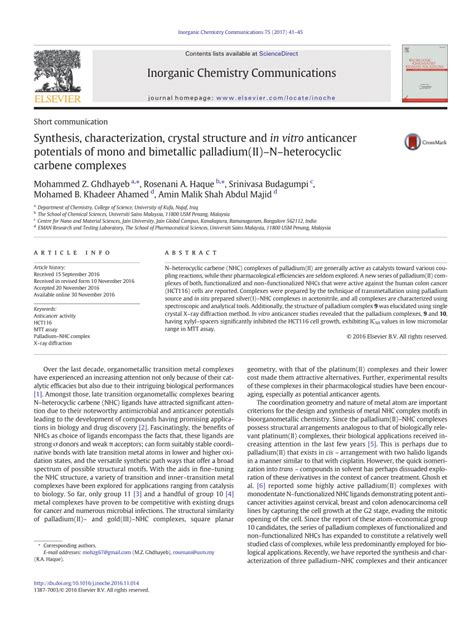 Pdf Synthesis Characterization Crystal Structure And In Vitro Anticancer Potentials Of Mono