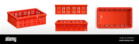 Vector Set With Red Empty Plastic Crate Front And Side View 3d