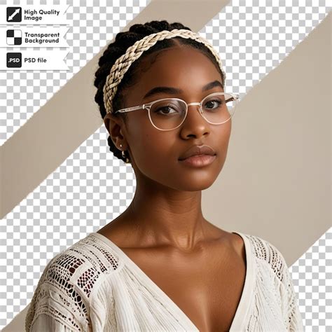 A Woman Wearing Glasses With A White Lace Band On Her Head Premium Ai