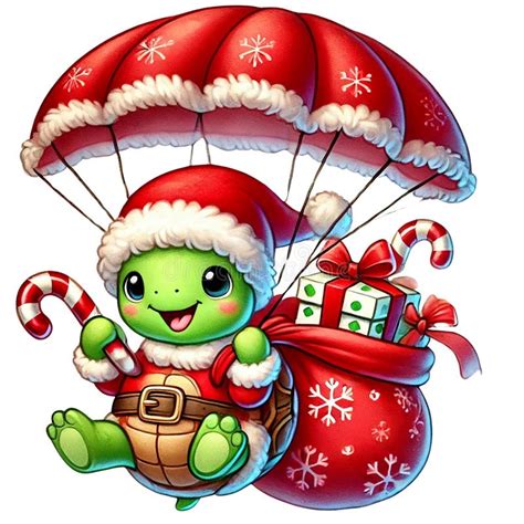 A Festive Turtle In Santa Attire Parachuting With Ts Stock Image