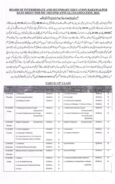 Bise Bahawalpur Board Ssc Ii 10th Class 2nd Annual Exam Date Sheet 2022