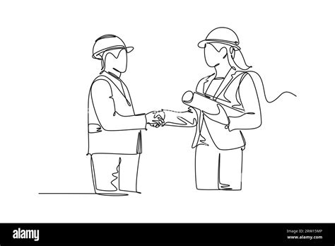 Continuous One Line Drawing Pretty Architect Woman Builder Foreman Wearing Construction Vest