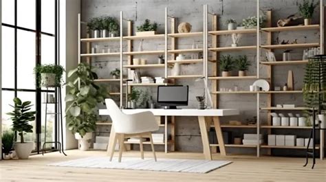 스칸디나비아 스타일의 홈 오피스 인테리어 3d 렌더링 사무용 가구 내각 나무 의자 배경 일러스트 및 사진 무료 다운로드