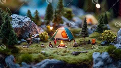Miniature Camping Scene With Small Figures Gathered Around A Campfire