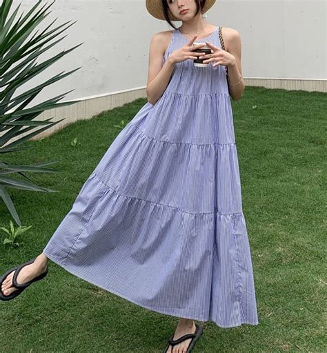 2color 블루스트라이프화이트 민소매 원피스 여름원피스 하객룩 롱원피스 민소매롱원피스 여행룩 데이트룩 페미닌룩 빅사이즈원피스 여리여리원피스 플레어원피스 롱스커트 에이블리