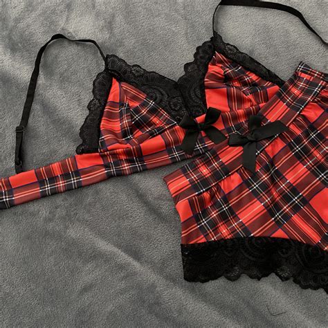Bowknot Decor Plaid Print Lace Trim Lingerie Set