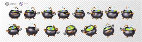 마법사 또는 마법사 카드론 회전 렌더링 애니메이션 스프라이트 비 는 마법 약물 독과 비 만화 게임 Ui 녹색 액체 물 거품으로 설정 된 보일러 아이콘 프리미엄 Psd 파일