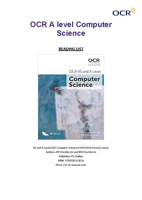 Ocr A Level Computer Science Holiday Work Ocr A Level Computer Science Reading List As And A