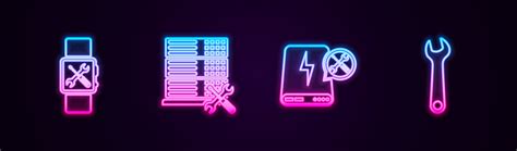 세트 라인 스마트 워치 서비스 데이터베이스 서버 전원 은행과 렌치 빛나는 네온 아이콘 벡터 기계공에 대한 스톡 벡터 아트 및 기타 이미지 Istock