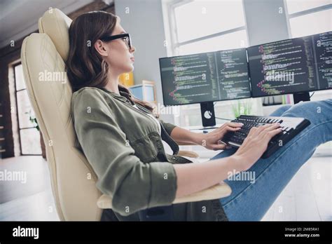Photo Of Intelligent Cool Lady Programmer Wear Spectacles Coding New Application Indoors