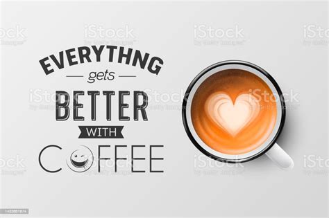 벡터 3d 사실적인 화이트 메탈 에나멜 머그잔 과 거품 커피 카푸치노 라떼 고립 타이포그래피 인용문이 있는 커피 컵 커피에 대한 문구 스톡 일러스트레이션 디자인 템플릿입니다