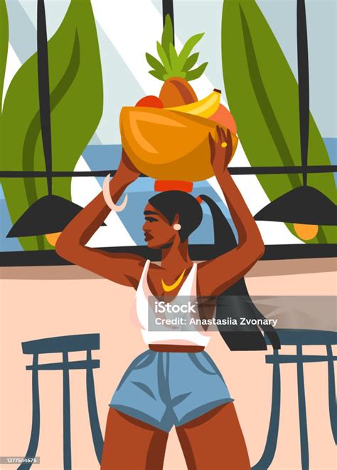 젊은 행복 한 블랙 아프로 미국 뷰티 여성손으로 손으로 그린 벡터 추상 스톡 그래픽 일러스트 흰색 배경에 고립 된 도시 카페에서 그의 머리에 과일 바구니를 들고 레스토랑에