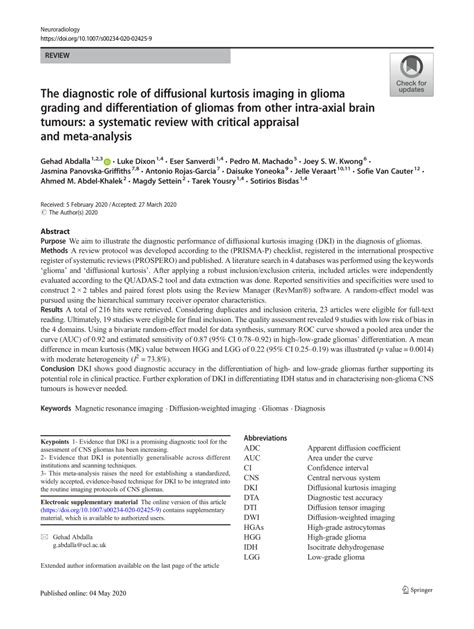 Pdf The Diagnostic Role Of Diffusional Kurtosis Imaging In Glioma Grading And Differentiation