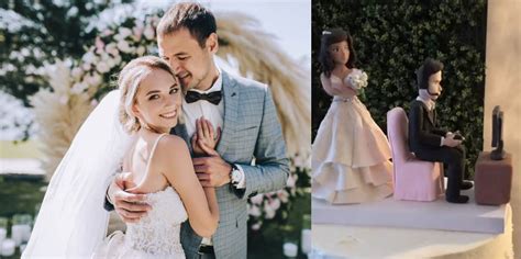 a couple s wedding cake topper depicts groom playing video games while