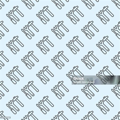 렌치와 망치 라인 원활한 패턴 수리 서비스 테마와 스크루 드라이버 벡터 그래픽입니다 복구 도구 배경으로 서명하고 라인 아이콘을