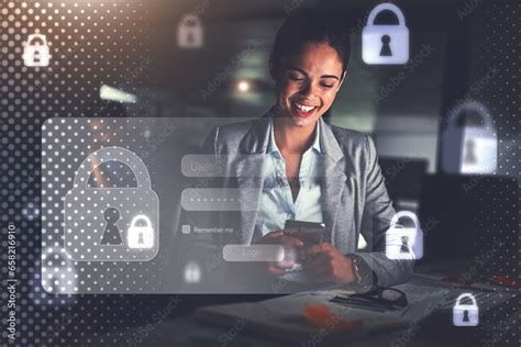 Business Woman Lock Hologram And Cyber Security For Web Phone And Pin On Mobile App For