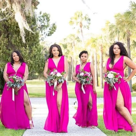 Plus Size Fuchsia Bridesmaid Dresses 2019 Sexy Deep V Neck High Split Elegant Tulle A Line Long