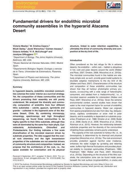 Pdf Fundamental Drivers For Endolithic Microbial Community Assemblies In The Hyperarid Atacama