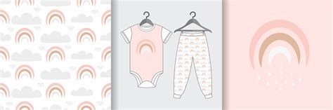 분홍색에 무지개가 있는 아이를 위한 매끄러운 패턴 귀여운 디자인의 잠옷 옷 티셔츠 프린트 아이들은 패션 포장을 위한 아기 배경 직물 포장 벽지를 위한 모양 0명에 대한 스톡