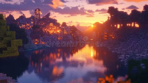 Minecraft Sunset Cityscape Stock Illustration Illustration Of Scene 367317763