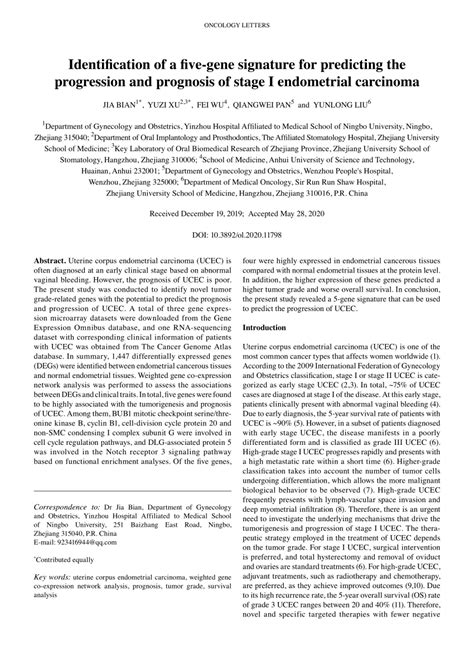 Pdf Identification Of A Five‑gene Signature For Predicting The Progression And Prognosis Of