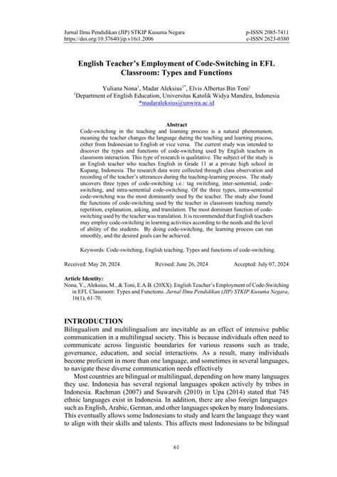 Pdf English Teachers Employment Of Code Switching In Efl Classroom