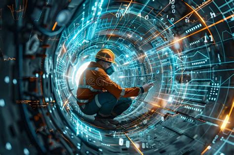 Futuristic Technician In High Tech Tunnel Accessing Digital Interface
