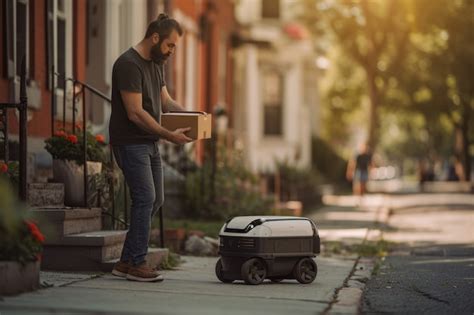 Free Photo Adult Person Interacting With Futuristic Delivery Robot