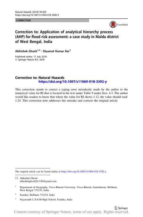 Correction To Application Of Analytical Hierarchy Process Ahp For
