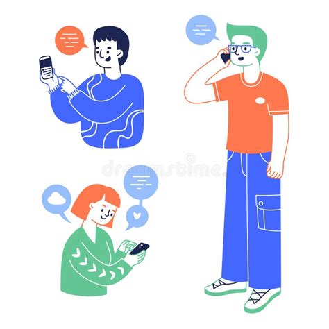Different People Using Mobile Phone Set Male And Female With Smartphones And Speech Bubbles