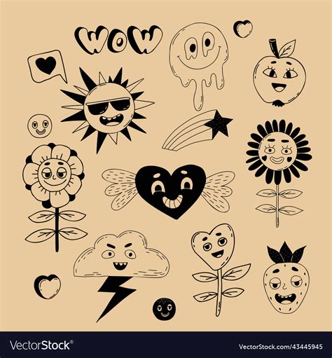 Retro Groovy Elements Funny Cartoon Characters Vector Image