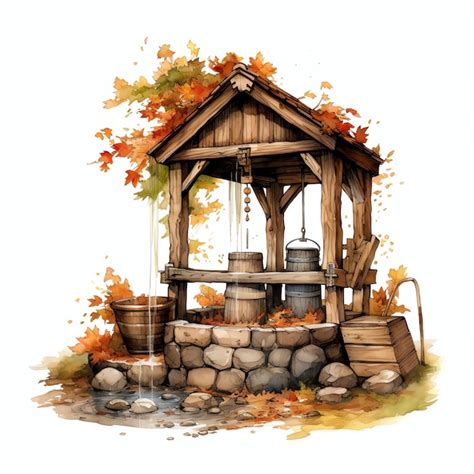 아름다운 오래된 나무 우물 수채화 클립 아트 그림 프리미엄 사진