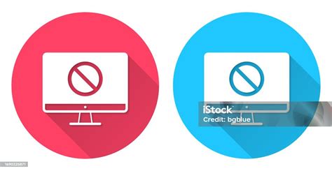 기호가 없는 데스크탑 컴퓨터입니다 빨간색 또는 파란색 배경에 긴 그림자가 있는 둥근 아이콘 개념에 대한 스톡 벡터 아트 및 기타 이미지 Istock