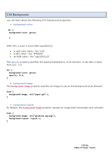 Css 2 Information Css Lab Css Backgrounds You Will Learn About The
